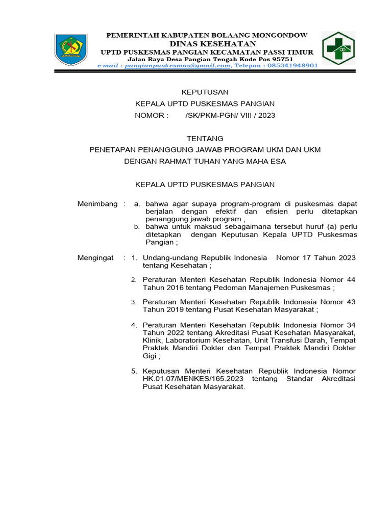 SK Pj. Program Ukm, Ukp Tahun 2023 | PDF | Kesehatan Holistik | Sains ...