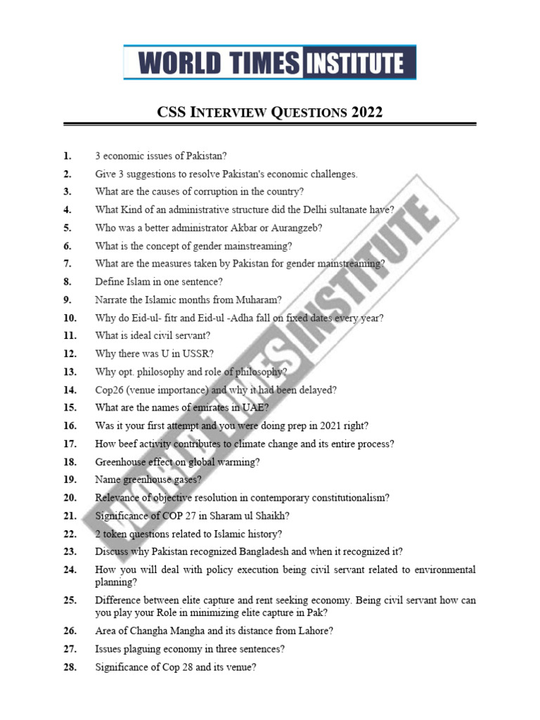 CSS Interview Questions 2022 | PDF | Pakistan | Balance Of Payments