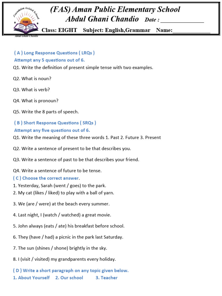 Class 8 English Grammar Test Paper | PDF