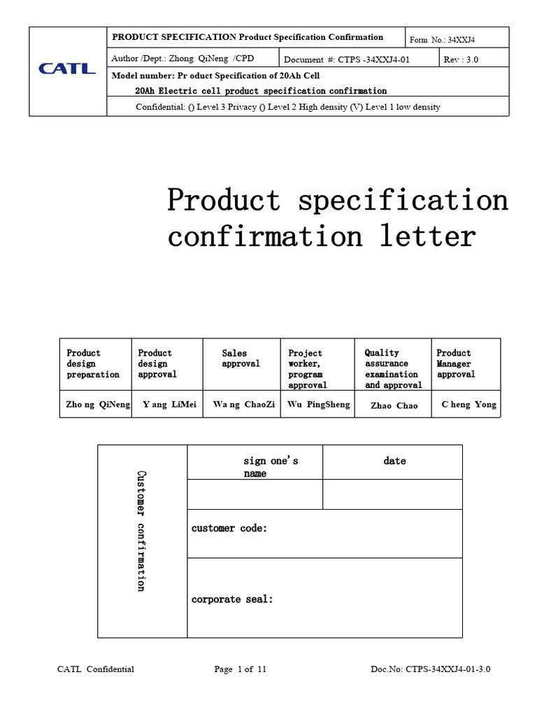 CATL 34189-20AH Low Temperature Cell Specification | PDF | Rechargeable ...