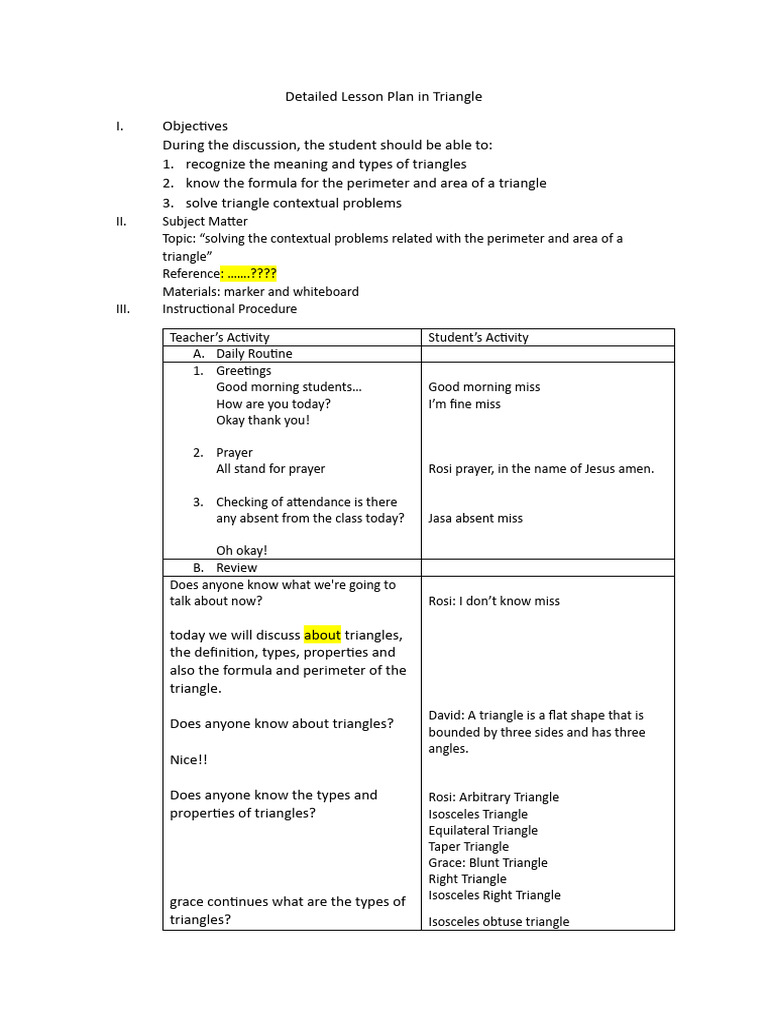Triangle Lesson Plan: Area & Perimeter | PDF | Triangle | Area