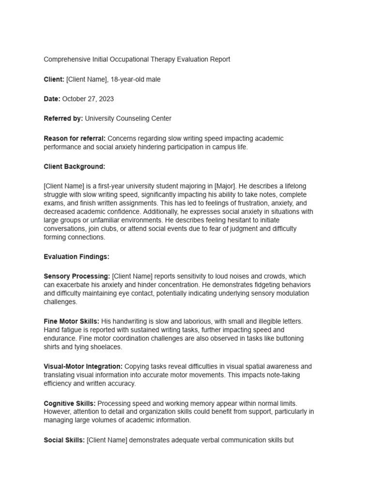 Example of An Occupational Therapy Initial Evaluation Report On A First ...