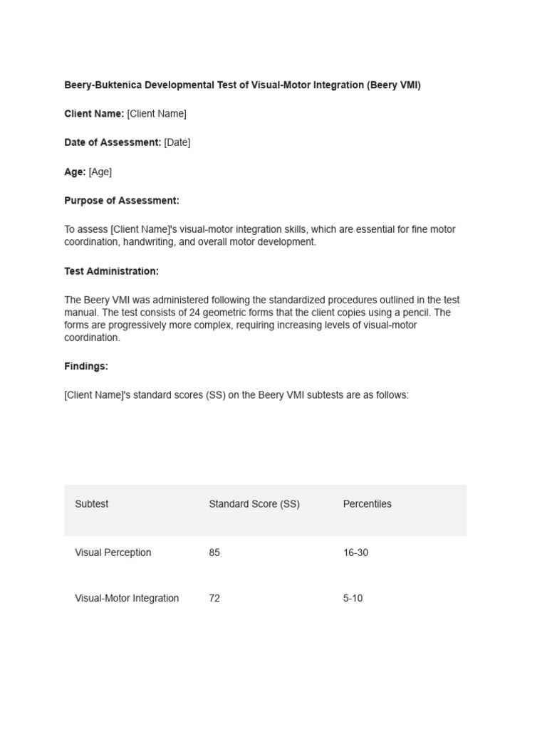 Example of Beery Visual Motor Integration Findings Report | PDF | Motor ...