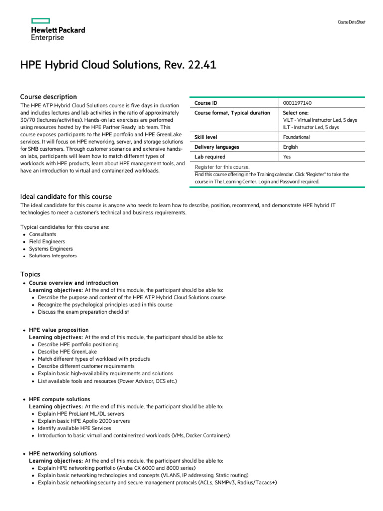 HPE Hybrid Cloud Solutions Rev.-22.41 Course Data Sheet | PDF | Cloud Computing | Computer Network