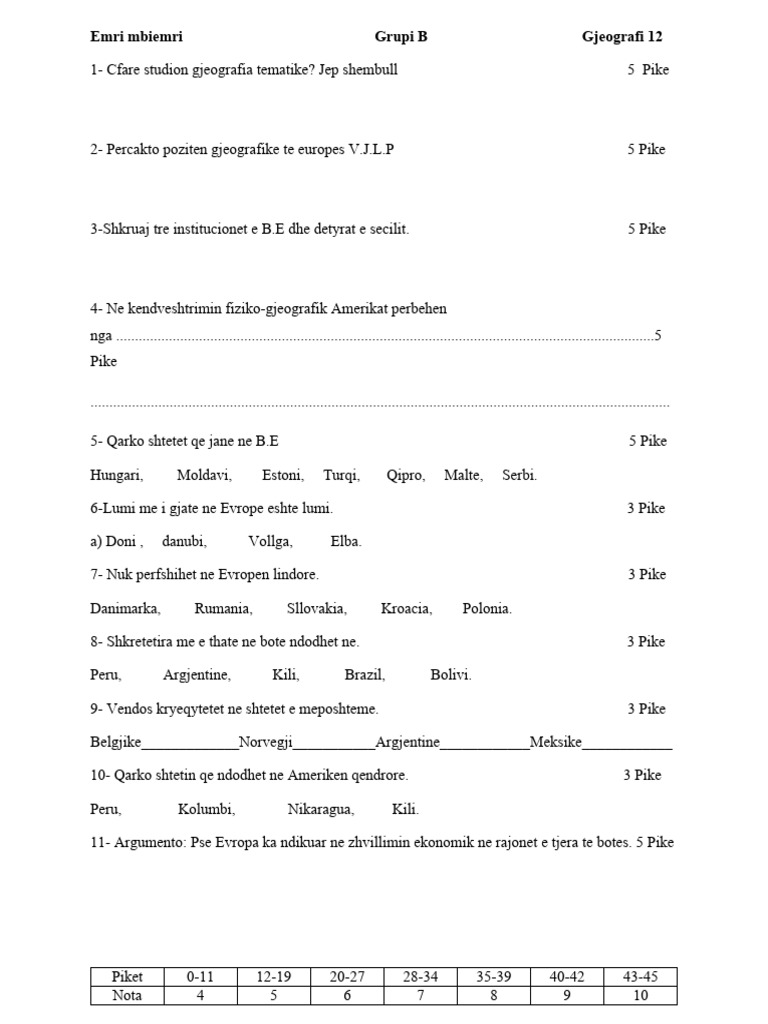 Emri Mbiemri Grupi B Gjeografi 12 | PDF