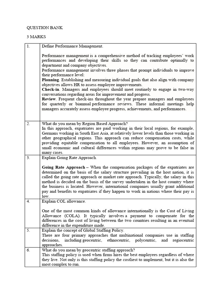 Question Bank Ihrm 2ND Internals | PDF | Cost Of Living | Motivation