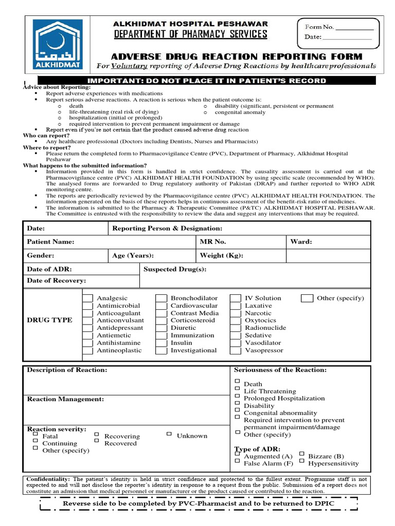 ADR Form Akh | PDF | Pharmacovigilance | Health Sciences