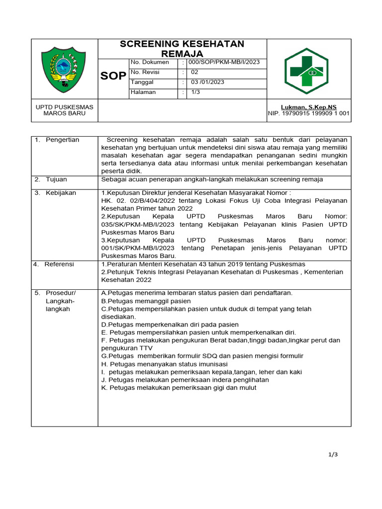 Sop Screening Remaja | PDF