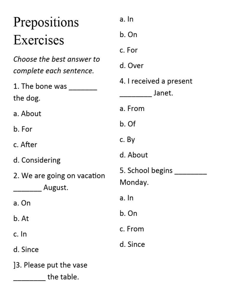 Prepositions Exercises | PDF