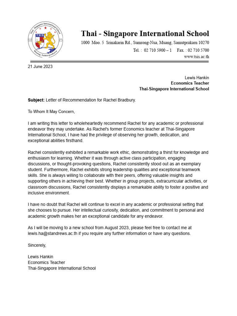 Rachel Letter of Recommendation | PDF