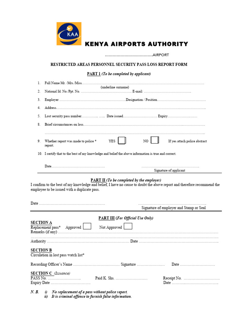 Security Restricted Areas Personnel Security Pass Loss Report Form ...