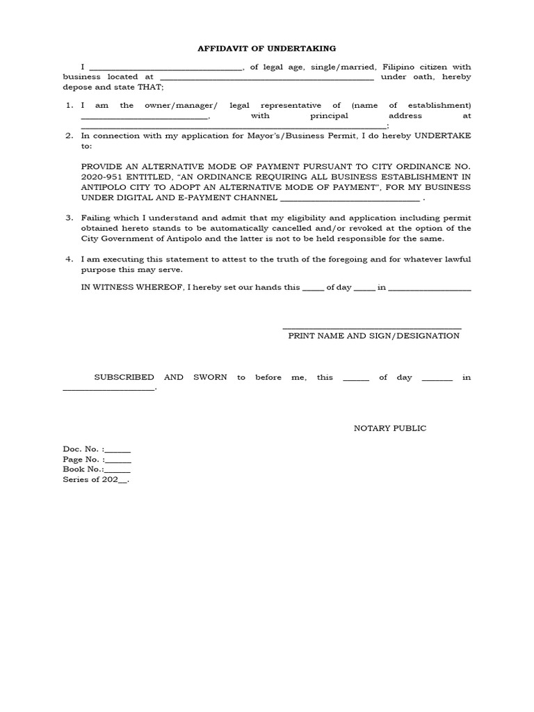 AFFIDAVIT OF UNDERTAKING Cashless Payment | PDF