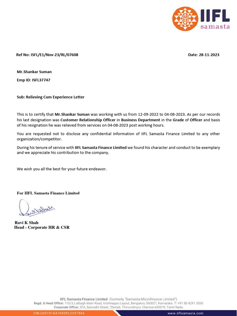 Relieving Cum Experience Letter for Employee | PDF | Career & Growth ...