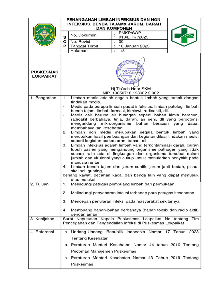 5.5.3.1 Sop Penanganan Limbah Infeksius Dan Non-Infeksius, Benda Tajam & Jarum, Darah Dan ...