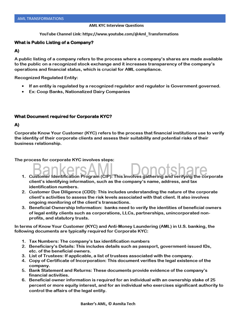 KYC/AML Interview Questions Guide | PDF | Money Laundering | Economies