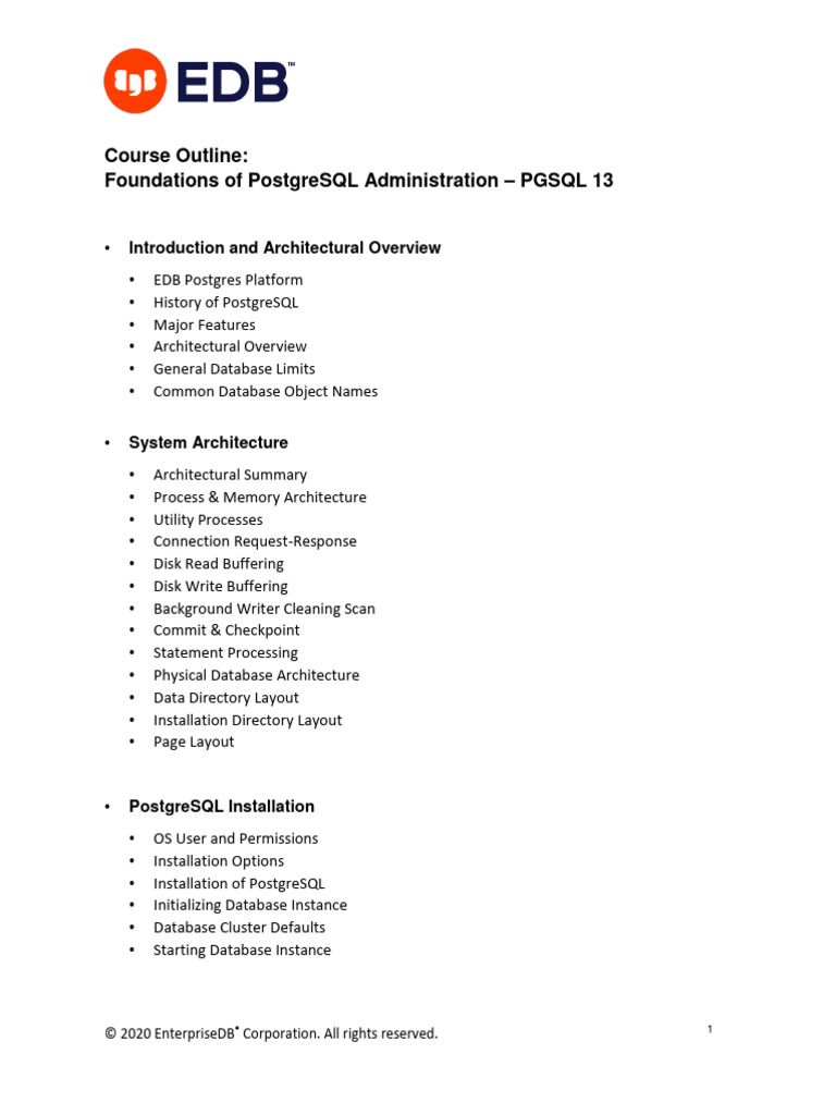Course Outline - Foundations of PostgreSQL Administration 13 | PDF | Postgre Sql | Databases