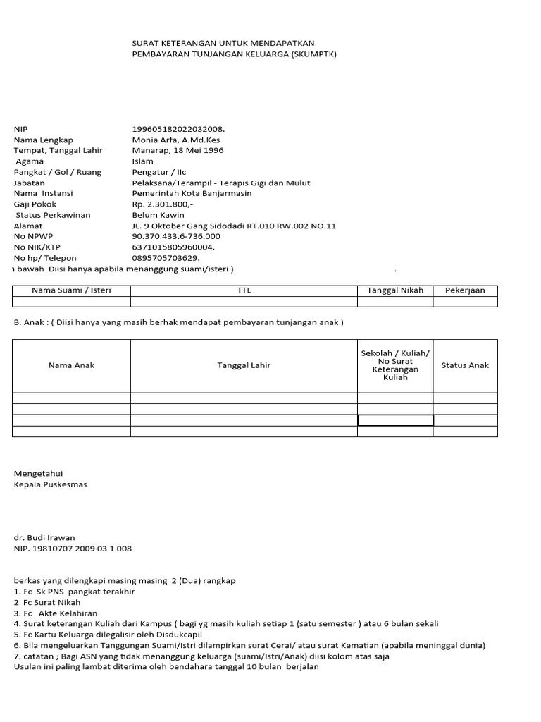 Surat Keterangan Tunjangan Keluarga | PDF