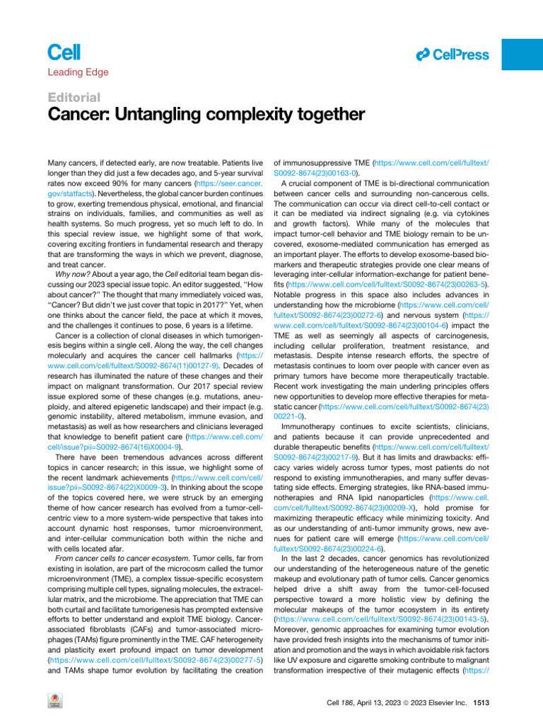 Cancer Untangling Complexity Together - Cell | PDF | Cancer | Metastasis