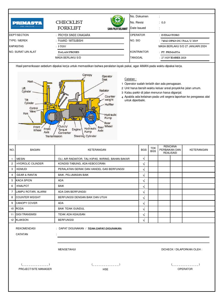 Formulir Inspeksi Checklist Alat FORKLIFT | PDF