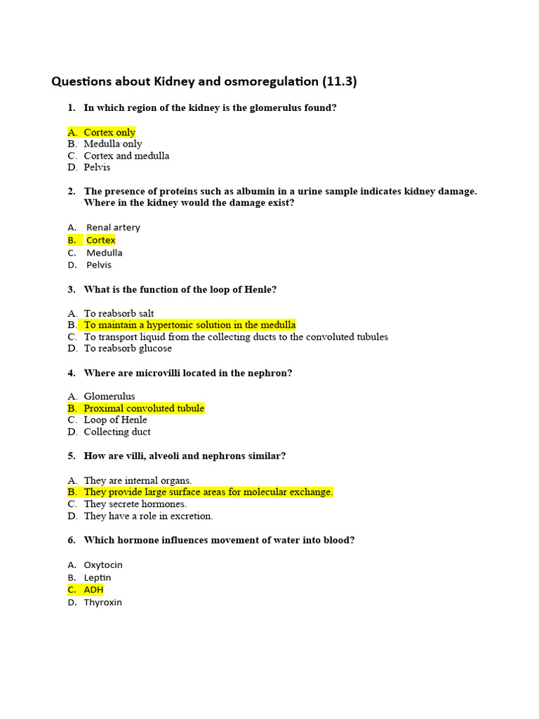 11.3 Questions Kidney and Osmoregulation | PDF | Kidney | Abdomen