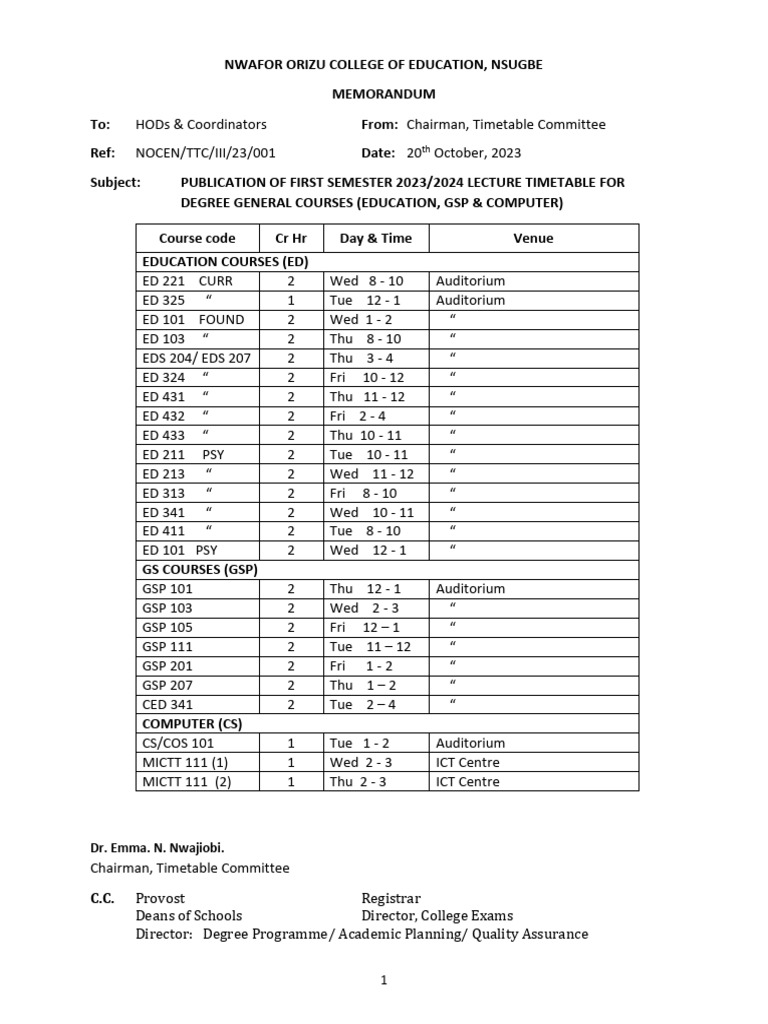 Lecture Timetable First Sem 2023 - 2024 | PDF | Educational Stages Lecture Timetable First Sem 2023 - 2024 | PDF | Educational Stages