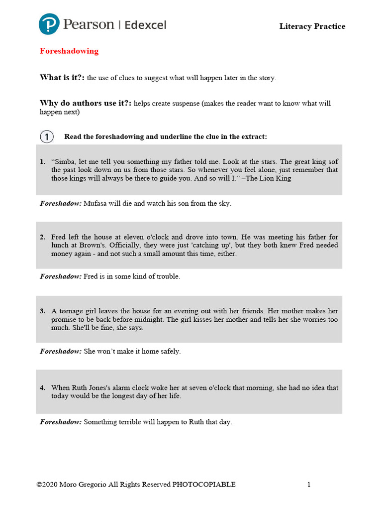 Edexcel iLS Year7 English Extra Unit1 Section5 Week3 Literacy Practice Foreshadow | PDF