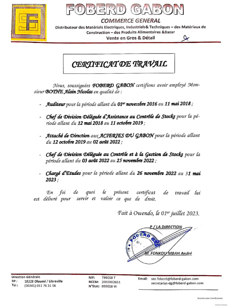 Certificat de Travail Foberd Gabon | PDF