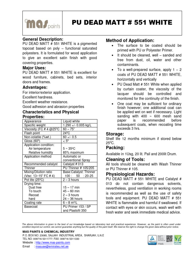 Pu Dead Matt White Datasheet | PDF | Coating | Applied And ...