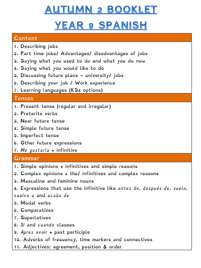 Autumn 2 Booklet Year 9 Spanish | PDF | Grammatical Tense | Verb