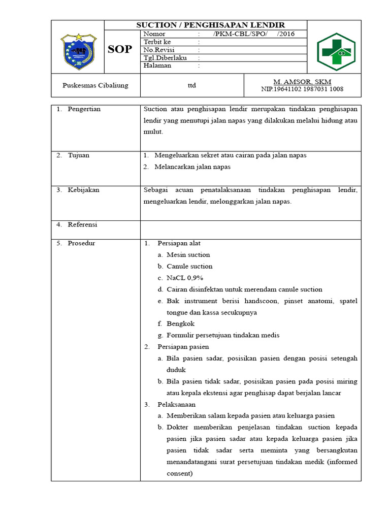 SOP Suction Lendir Puskesmas | PDF