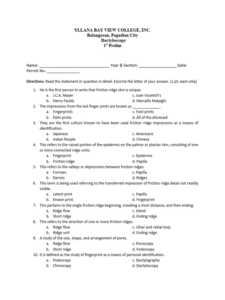 Dactyloscopy 1st Prelim Exam. | PDF | Fingerprint | Anatomy