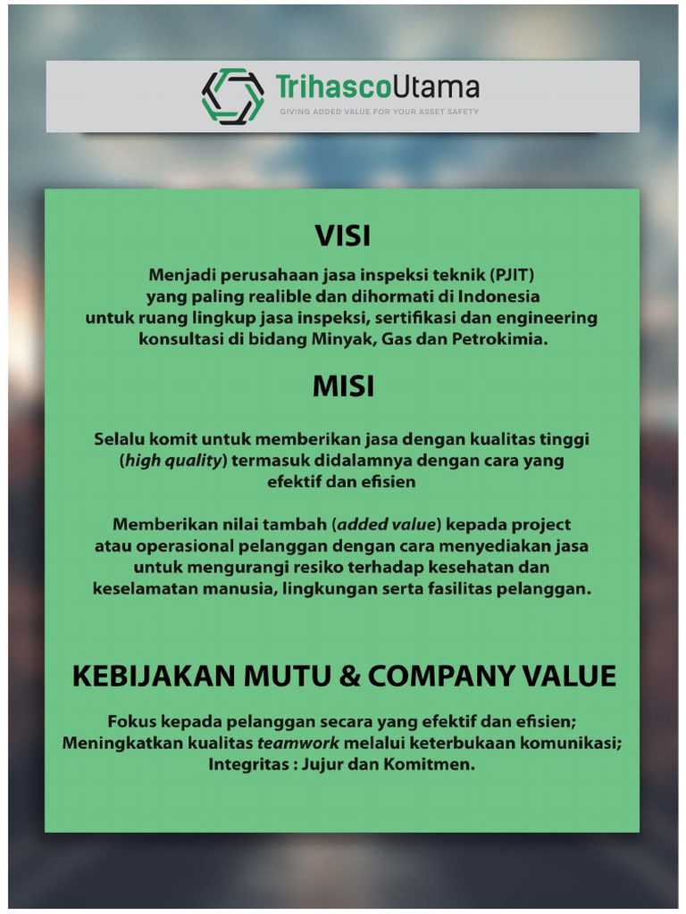 Sign Board Visi Misi Kebijakan HSE PT Trihasco Utama | PDF