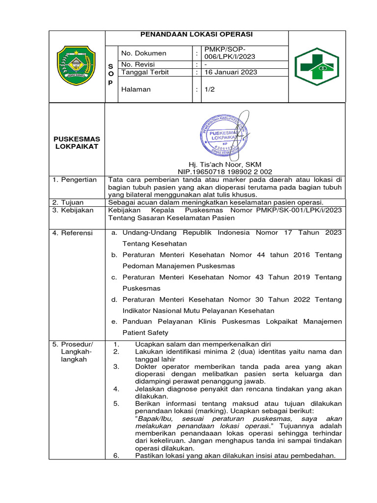 5.3.4.1 SOP Pemberian Tanda Daerah Operasi Ini | PDF