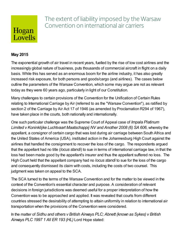 Warsaw Convention Liability for Airlines | PDF | Damages | Standing (Law)