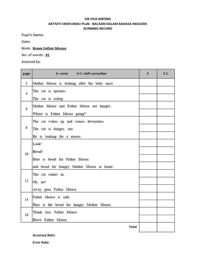 Running Record - Brave Father Mouse - Program PLaN | PDF | Language ...