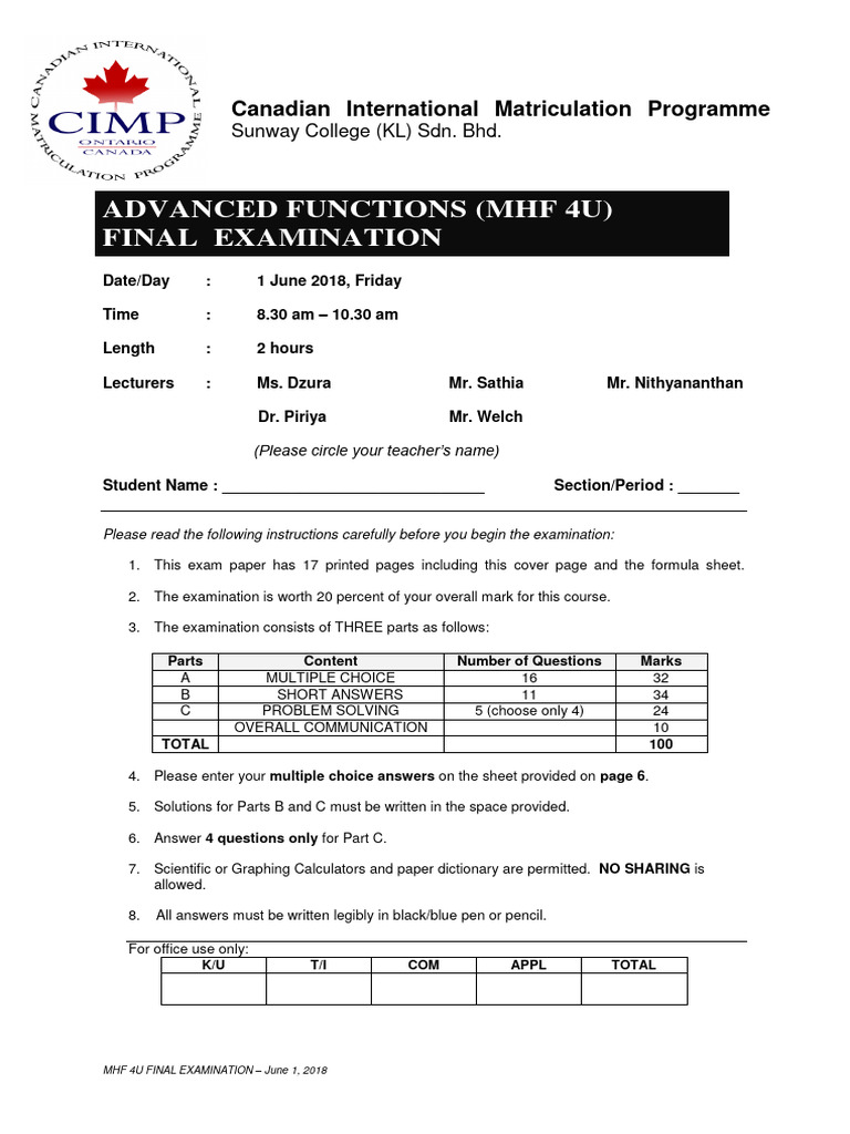 MHF4U (Past Year) - FINAL EXAM JUNE 2018 | PDF | Trigonometric ...
