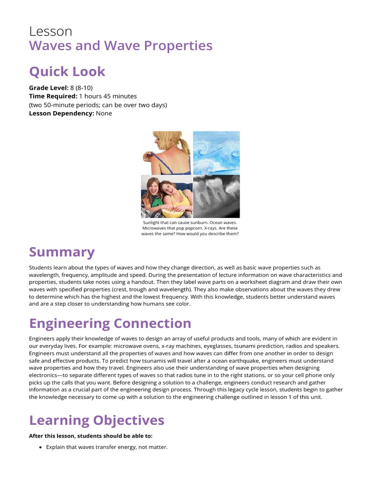 Entire Lesson Waves And Wave Properties Teachengineering Pdf