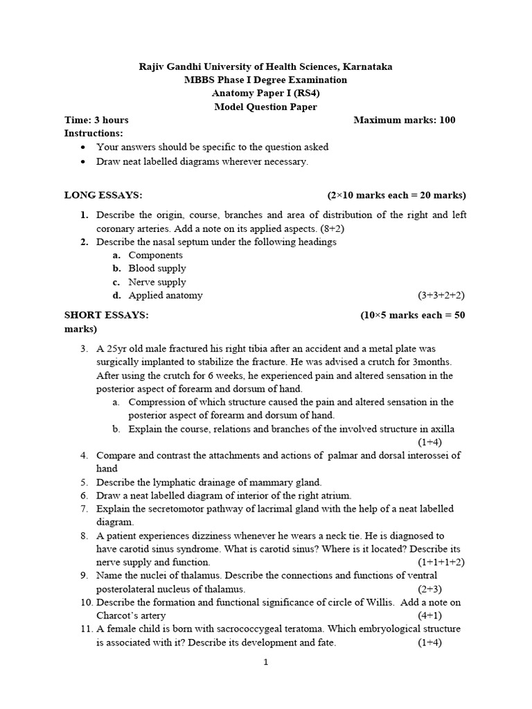 Anatomy Paper I - Sample | PDF | Hand | Thalamus