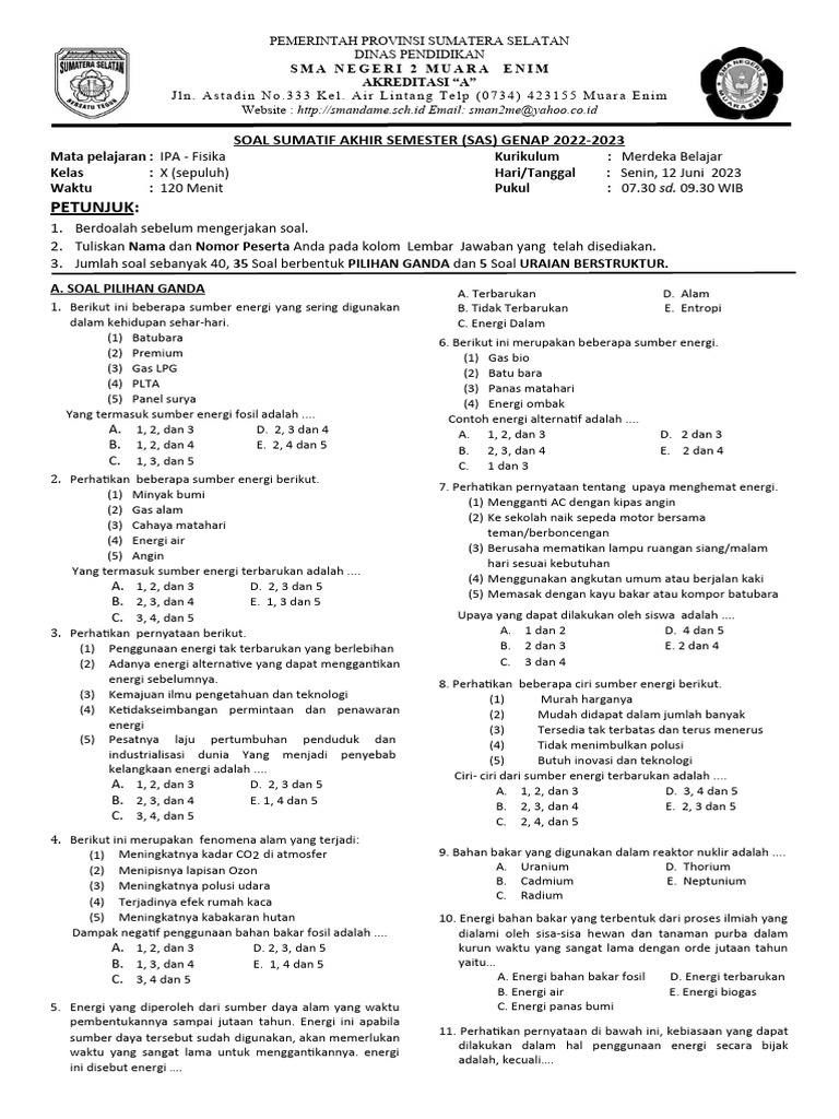 SAS Fisika X - Genap Juni 2023 | PDF