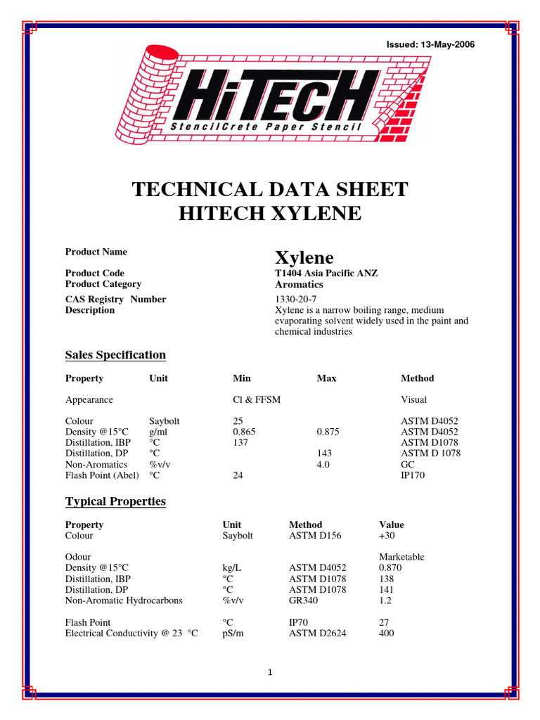 Xylene Technical Data Sheet | PDF | Distillation | Aromaticity