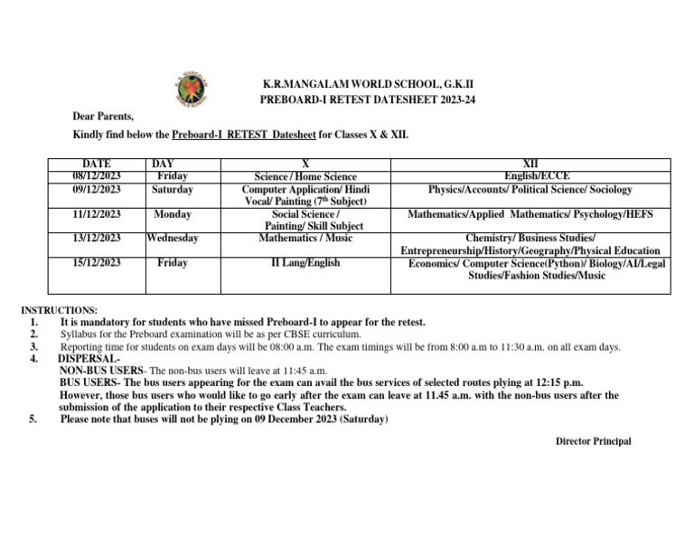 Retest Datesheet Preboard-I | PDF