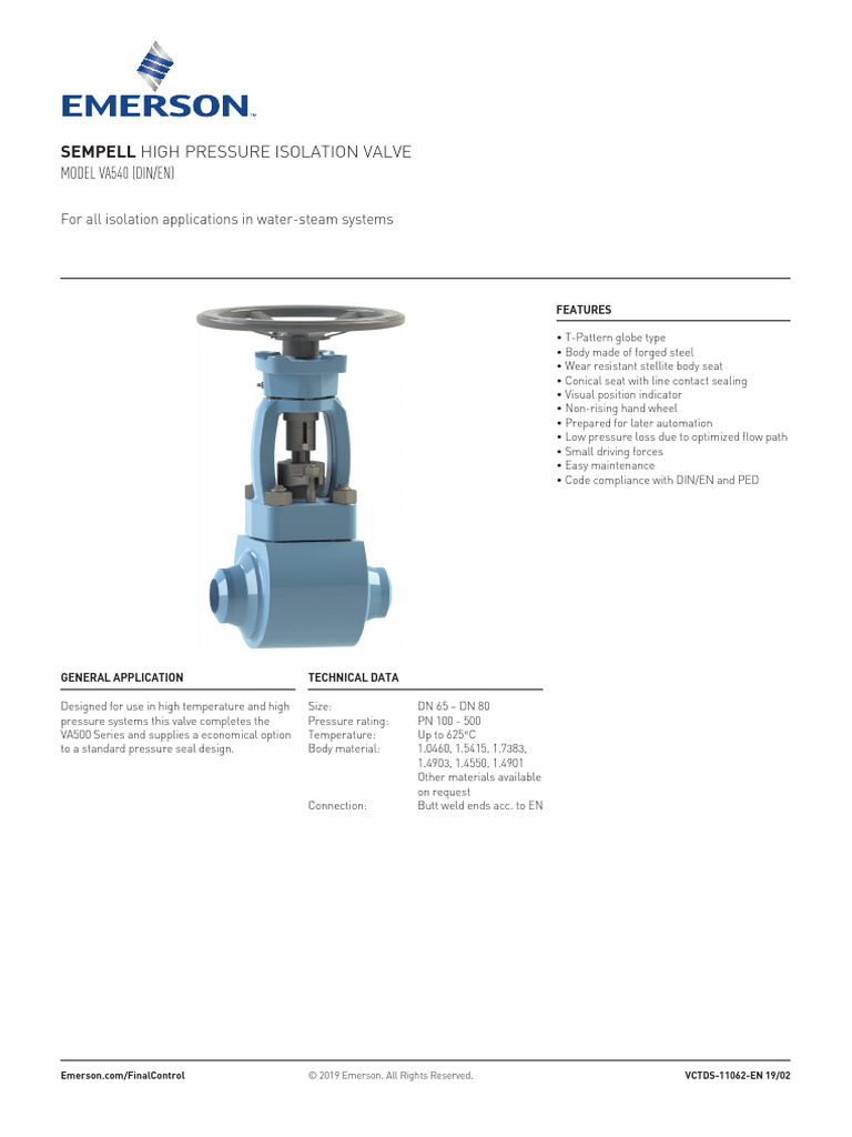 Data Sheets High Pressure Stop Valves Model Va540 Din Sempell En En