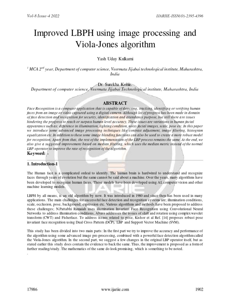 Improved LBP Algorithm Using Image Processing and Viola Jones Ijariie17986 | PDF | Principal ...