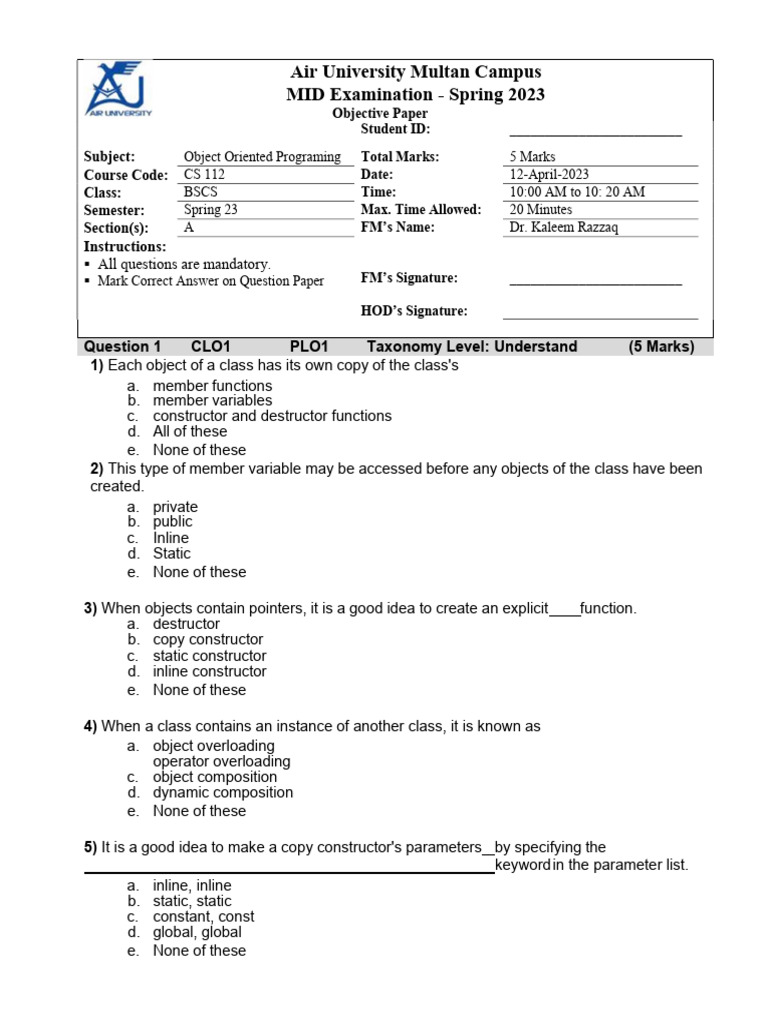 Oop Objective Paper Mid Pdf Programming Constructor Object Oriented Programming