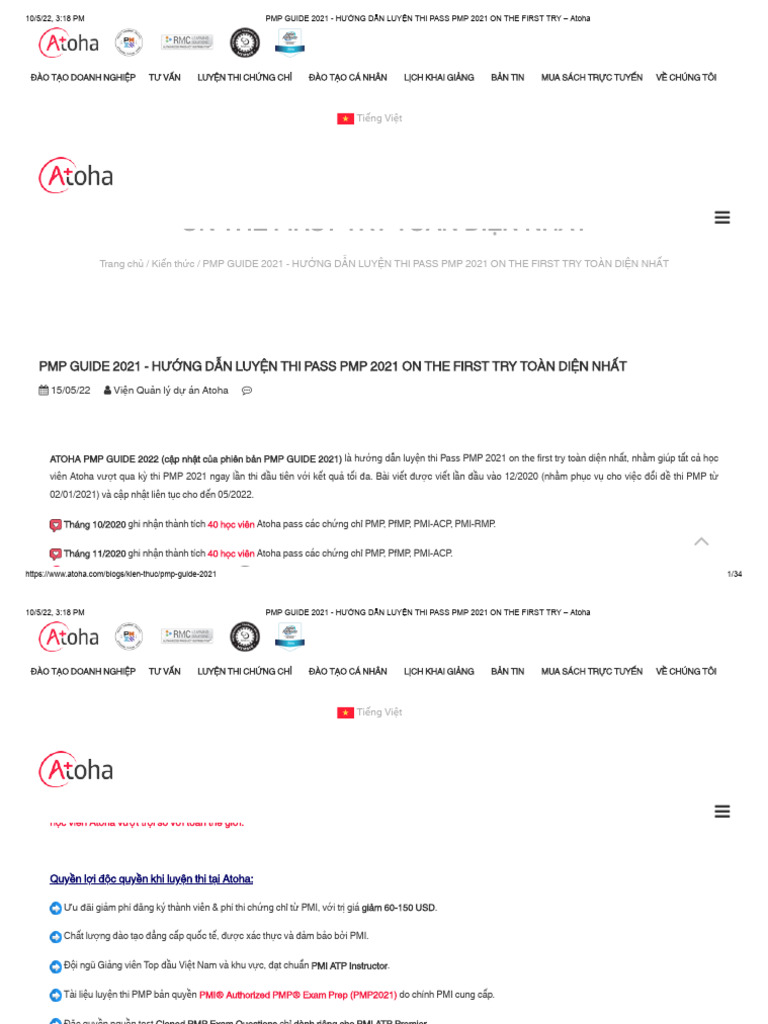 PMP GUIDE 2021 - HƯỚNG DẪN LUYỆN THI PASS PMP 2021 ON THE FIRST TRY - Atoha | PDF