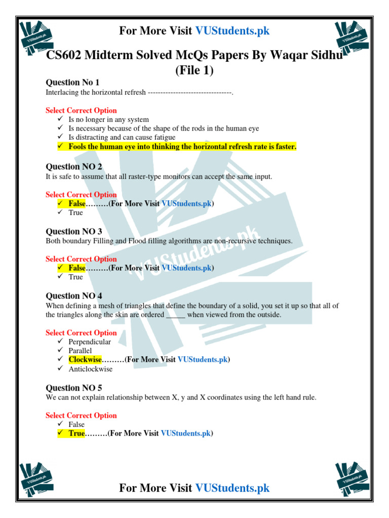 CS602 Midterm Solved McQs Papers by Waqar Sidhu | PDF | Geometry | Computer Graphics