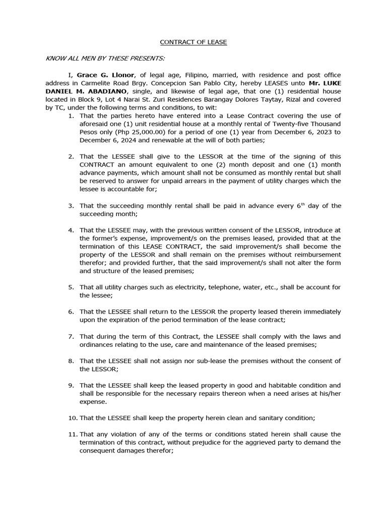 Lease Agreement Summary | PDF | Lease | Contract Law