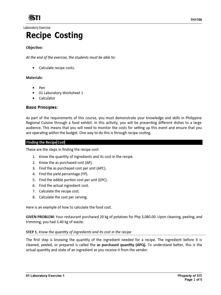 01 Laboratory Exercise 1 | PDF | Percentage | Recipe