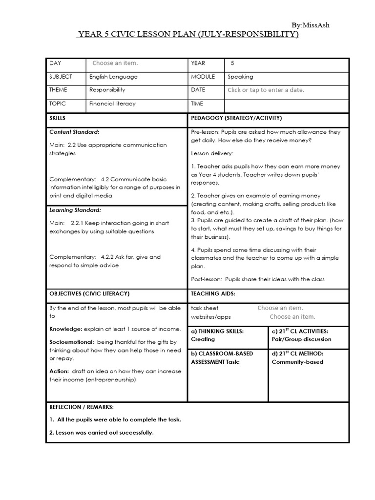 Year 5 Civic Lesson Plan: Responsibility | PDF | Teachers | Lesson Plan