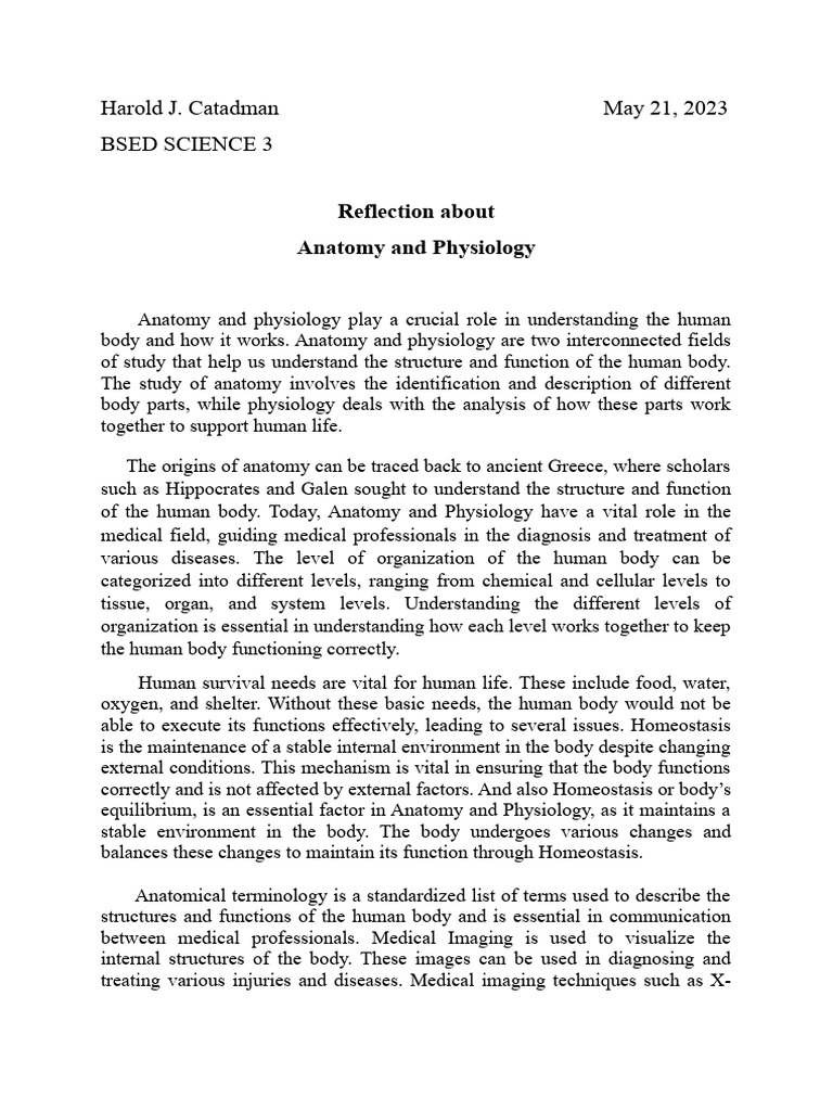 Anatomy and Physiology Reflection | PDF | Human Body | Physiology